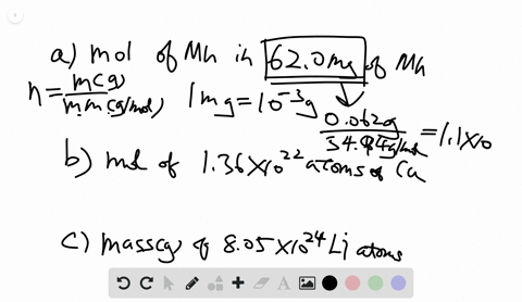 SOLVED:Calculate each of the following quantities: (a) Amount (mol) of Mn atoms in 62.0 mg of Mn ...