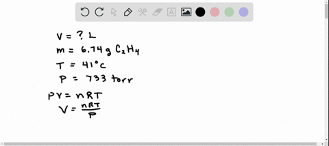 SOLVED:Calculate the volume of 6.74 g C2 H4(g) at 41^∘ C and 733 torr.