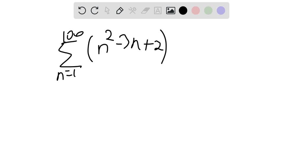 SOLVED:Use summation rules to compute the sum. ∑n=1^100(n^2-3 n+2) SOLVED:Use summation rules to compute the sum. ∑n=1^100(n^2-3 n+2)
