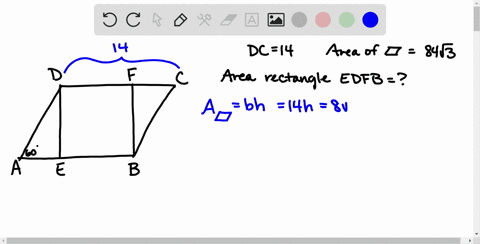 SOLVED:In the figure above, D C=14 and the area of parallelogram A B C ...