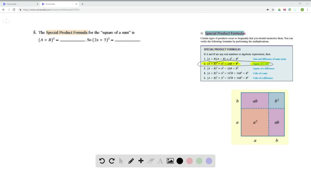 SOLVED:The Special Product Formula for the square of a sum is (A+B)^{2 ...