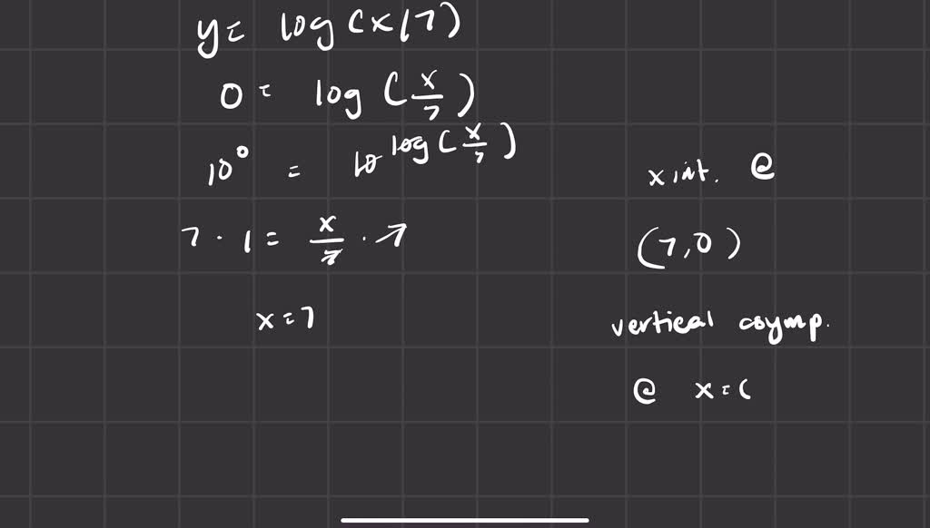 SOLVED:Find the domain, x-intercept, and vertical asymptote of the logarithmic function and ...