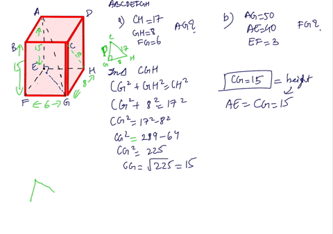 SOLVED:ABCDEFGH is a rectangular solid. a If face diagonal CH measures 17, edge GH measures 8 ...