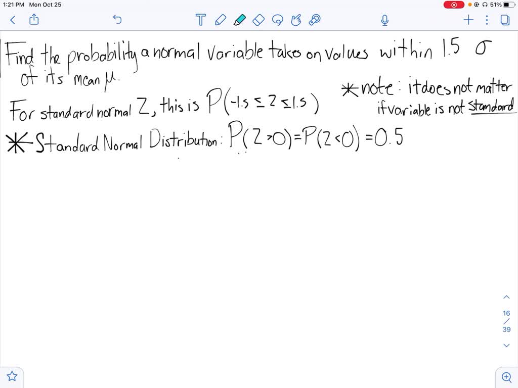 SOLVED:Find the probability that a normal variable takes on values within 1.5 standard ...
