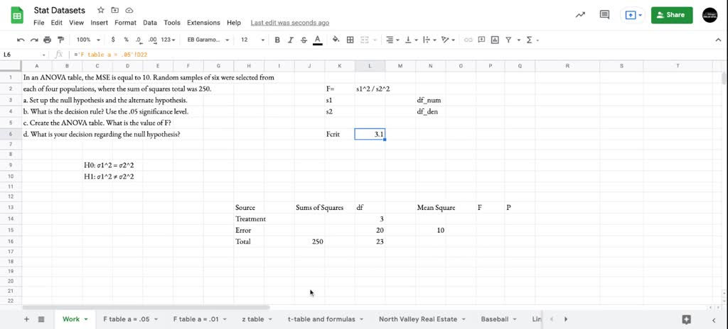 In an ANOVA table, the MSE is equal to 10. Random samples of six were ...