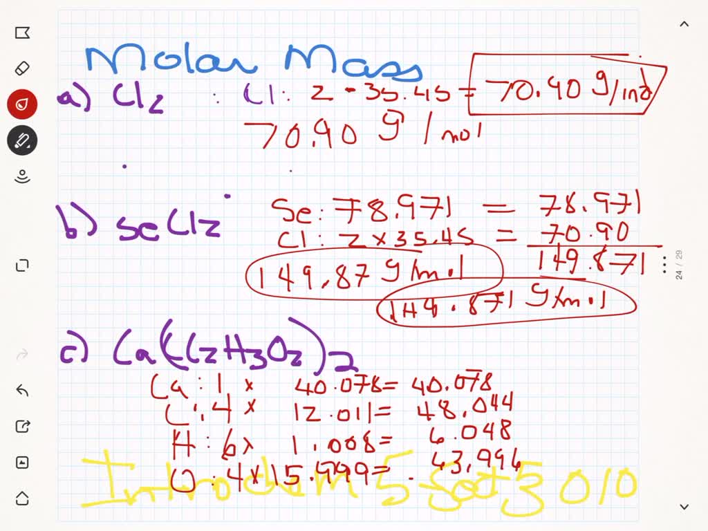SOLVED:Determine the molar mass of each substance. a) Cl2 b) SeCl2 c ...