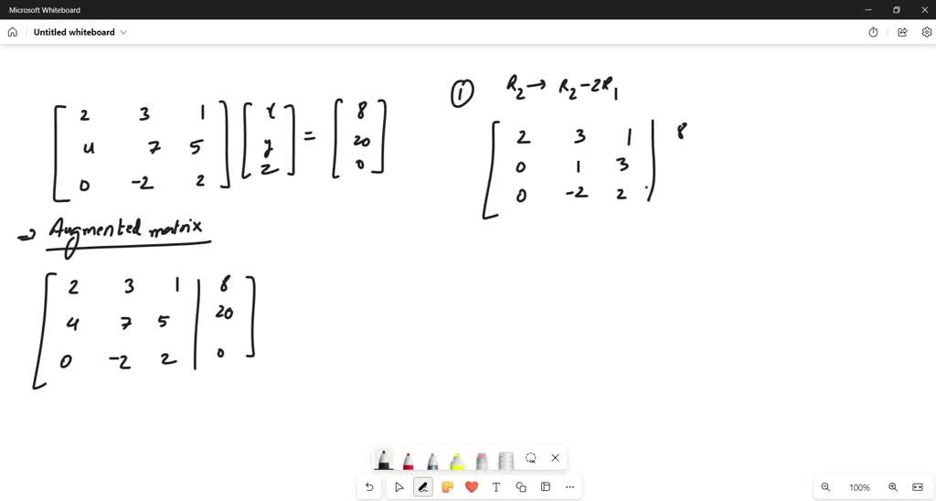 Reduce this system to upper triangular form by two row operations: 2 x+3 y+z=8 4 x+7 y+5 z=20 -2 ...
