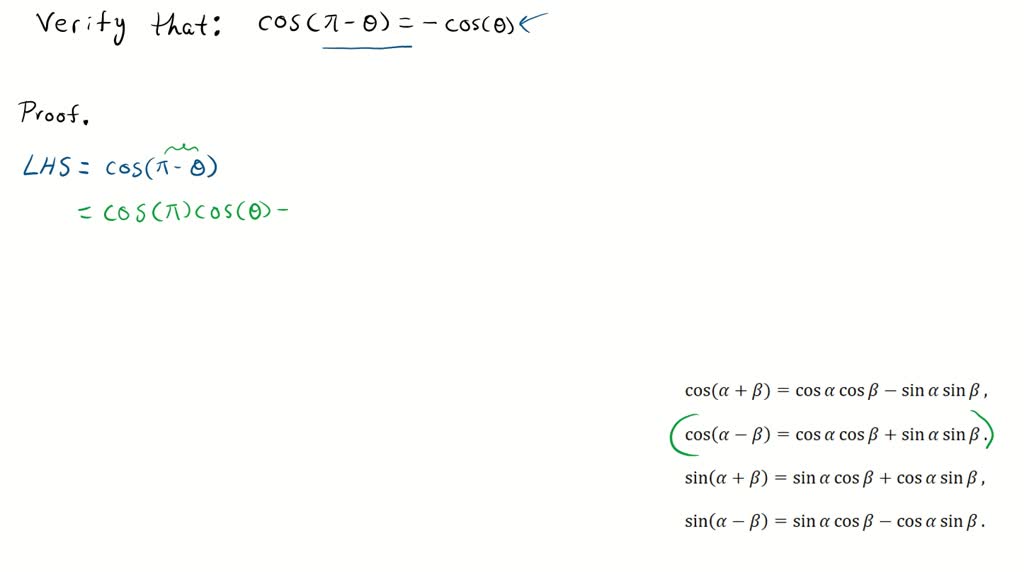 SOLVED:Establish each identity. cos(π-θ)=-cosθ SOLVED:Establish each identity. cos(π-θ)=-cosθ