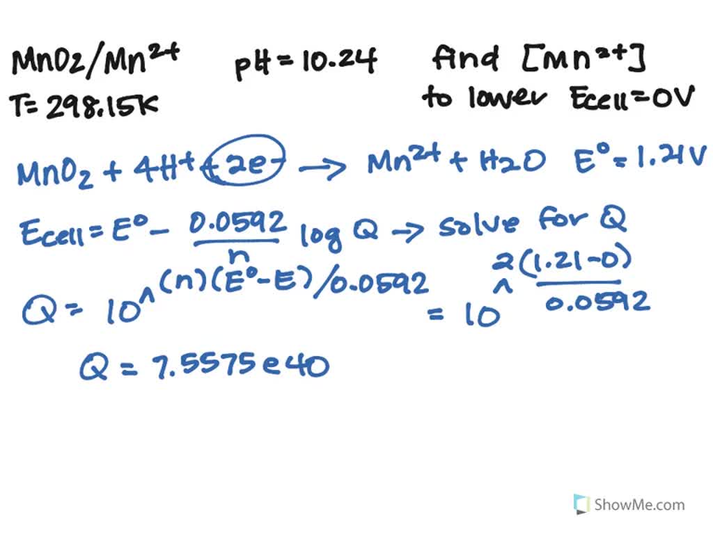 SOLVED:An MnO2(s) / Mn^2+(a q) electrode in which the pH is 10.24 is ...