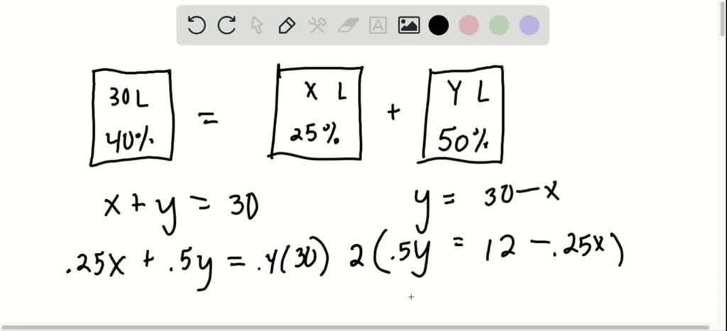 SOLVED:Acid Mixture Thirty liters of a 40\% acid solution is obtained ...