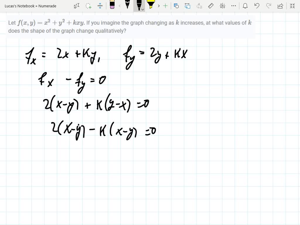SOLVED:Let f(x, y)=x^2+y^2+k x y . If you imagine the graph changing as ...