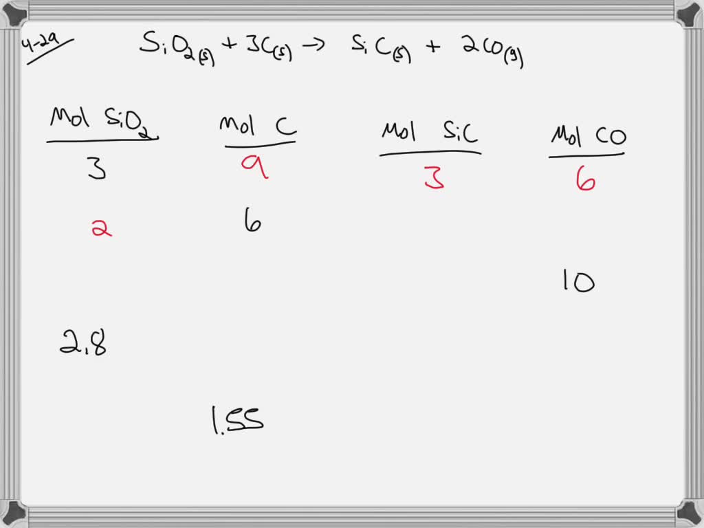 SOLVED:Consider the balanced equation: SiO2(s)+3 C(s) SiC(s)+2 CO(g) Complete the table showing ...