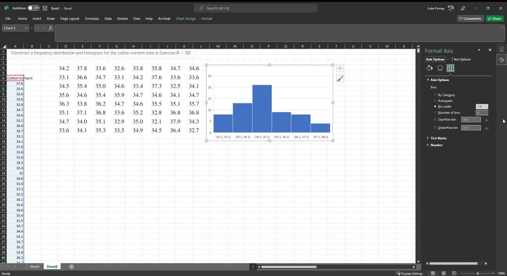 SOLVED:Construct a frequency distribution and histogram for the cotton content data in Exercise 6-24