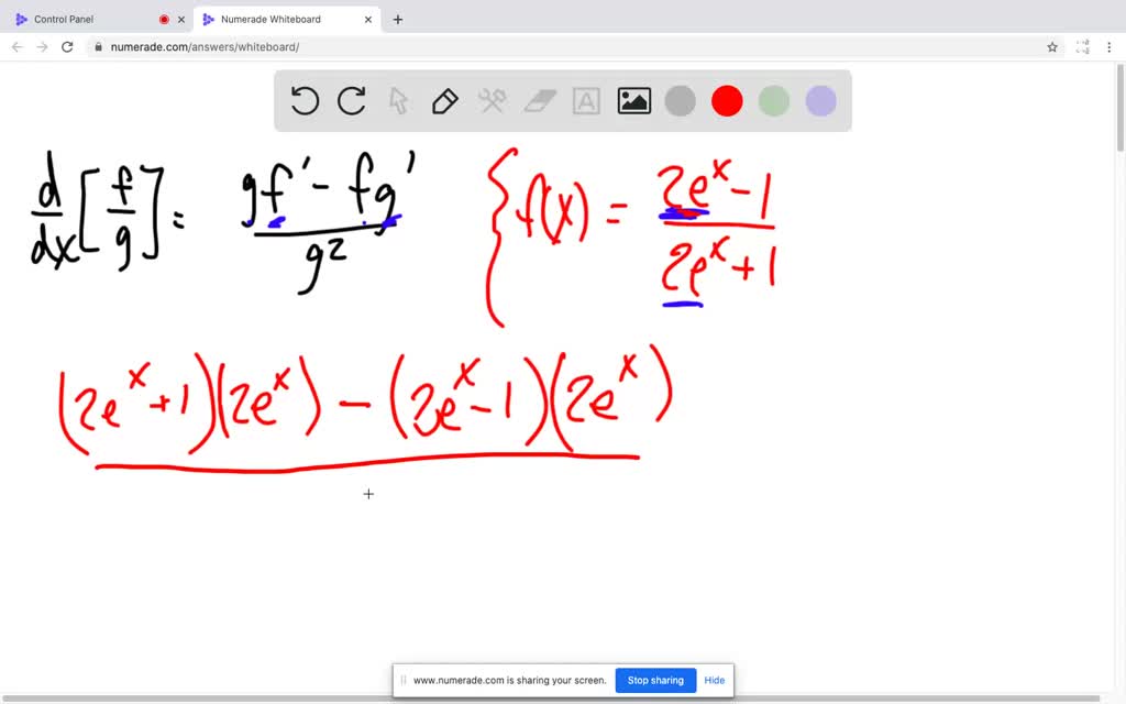 Derivatives Find and simplify the derivative of the following functions. f(x)=(2 e^x-1)/(2 e^x+1 ...