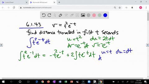 SOLVED: A particle that moves along a straight line has velocity v(t)=t^2 e^-t meters per sccond ...