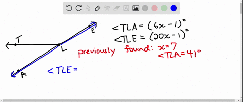 SOLVED:In the figure below, LA and LE are opposite rays, ∠TLA=(6 x-1)^∘ ...