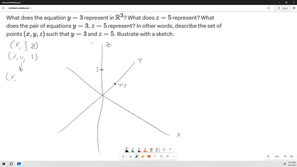 What does the equation y = 3 represent in ℝ^3 ? What does z = 5 ...
