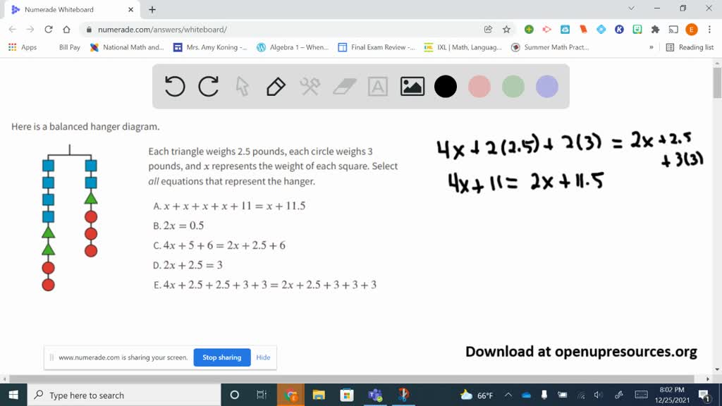 ⏩SOLVED:Here is a balanced hanger diagram. Each triangle weighs 2.5 ...