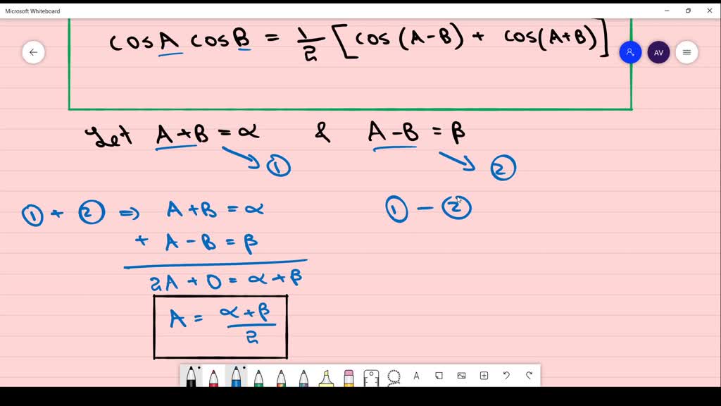 SOLVED:Derive the sum-to-product formula for cosα+cosβ. SOLVED:Derive the sum-to-product formula for cosα+cosβ.