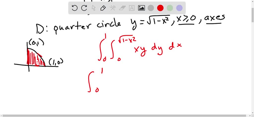 Evaluate the double integral. ∬D x y d A, D is enclosed by the quarter ...