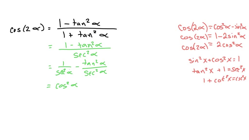 SOLVED:Prove the identities. cos(2 α)=(1-tan^2 α)/(1+tan^2 α)
