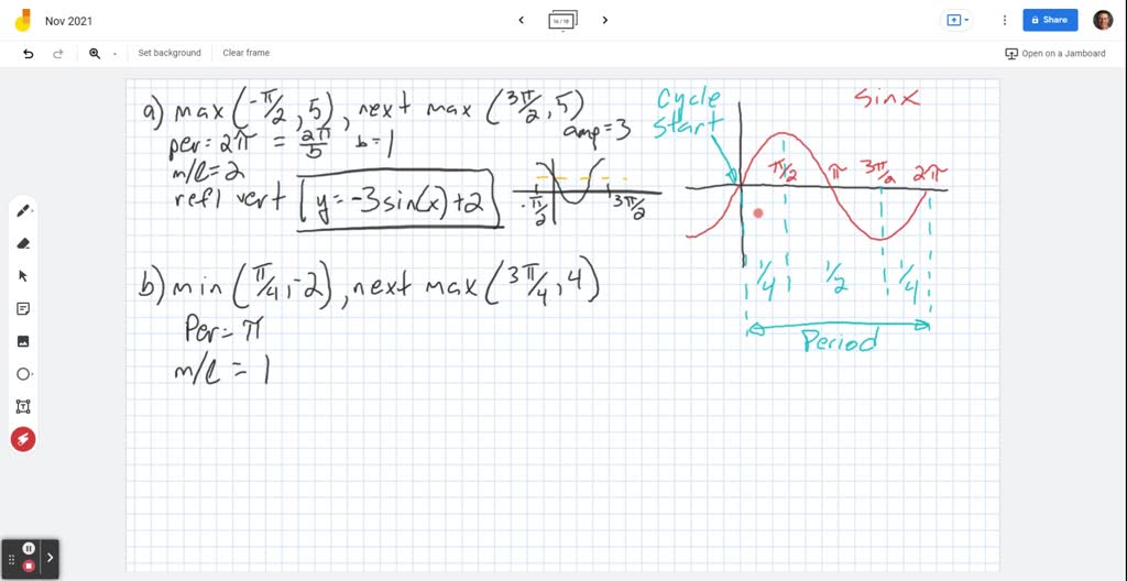 SOLVED:Determine the equation of the sine function with a) amplitude 3, maximum (-(π)/(2), 5 ...