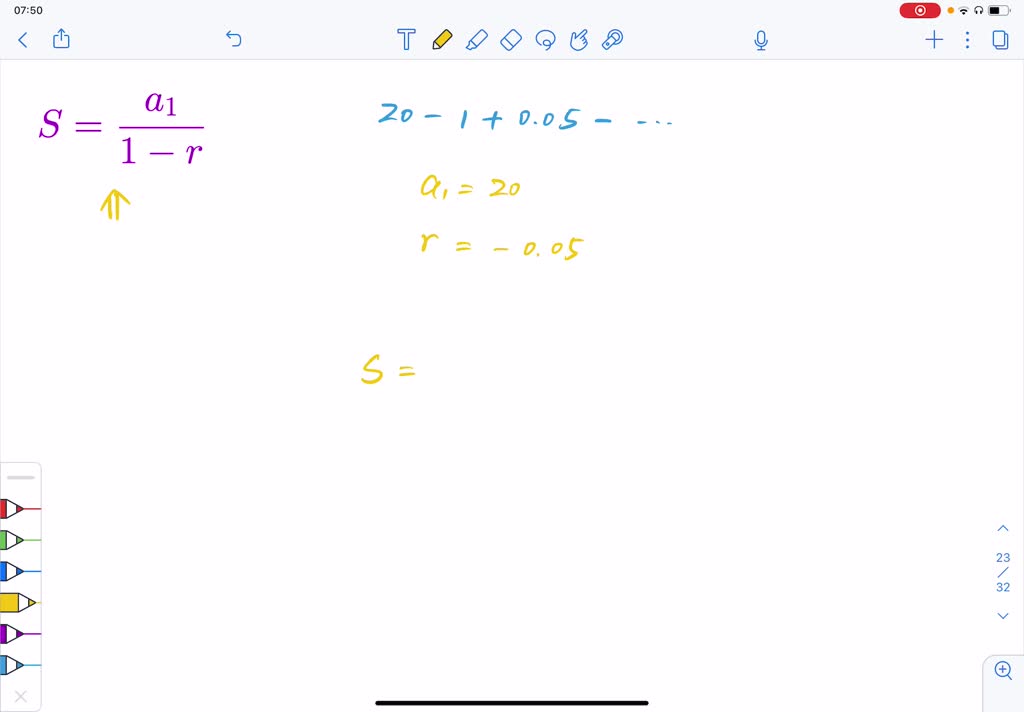 SOLVED:Find the sums of the given infinite geometric series. 20-1+0.05-…