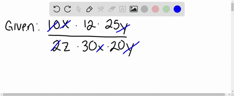 SOLVED:Simplify. (10 x ·12 ·25 y)/(2 z ·30 x ·20 y)