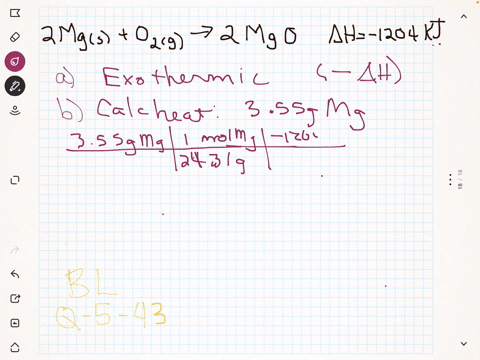 Consider the following reaction: 2 Mg(s)+O2(g) 2 MgO(s) ΔH=-1204 kJ (a ...