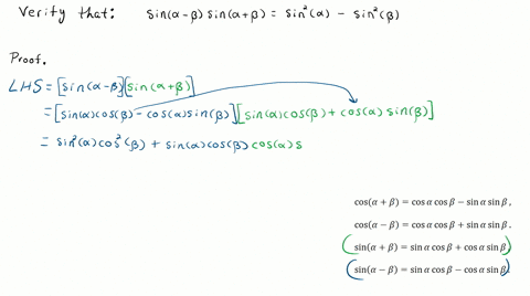 SOLVED:Establish each identity. sin(α-β) sin(α+β)=sin^2 α-sin^2 β