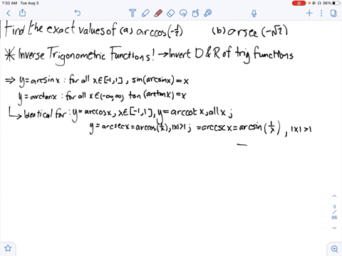 SOLVED:Determine the exact value. (a) arccos(-(1)/(2)) (b) arcsec(-√(2))