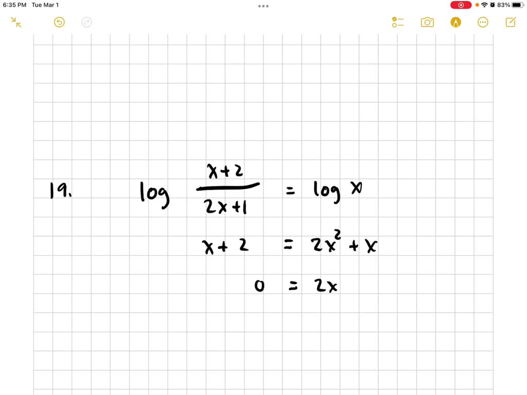 SOLVED:Solve each logarithmic equation. log(x+2)-log(2 x+1)=logx