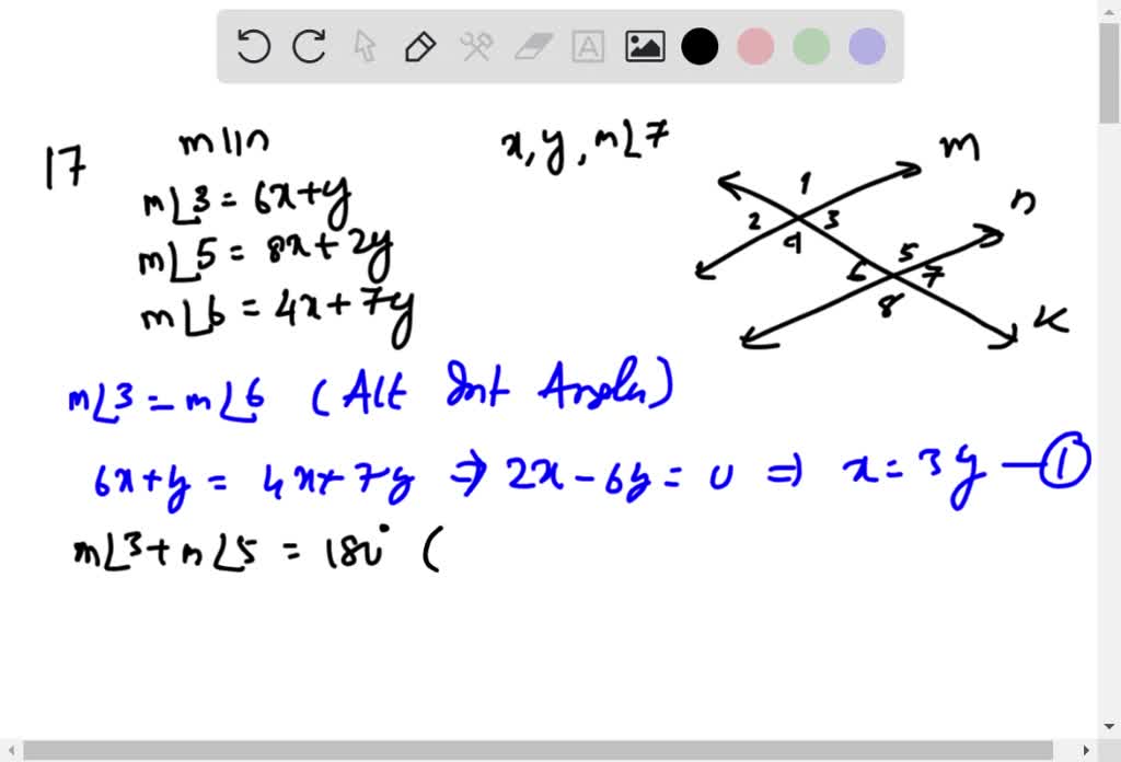 SOLVED:Given: m n Transversal k m ∠3=6 x+y m ∠5=8 x+2 y m ∠6=4 x+7 y Find: x, y, and m ∠7 (GRAPH ...
