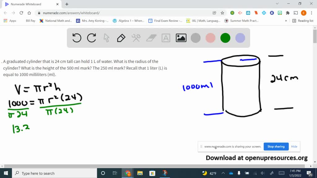 SOLVED:A graduated cylinder that is 24 cm tall can hold 1 L of water ...