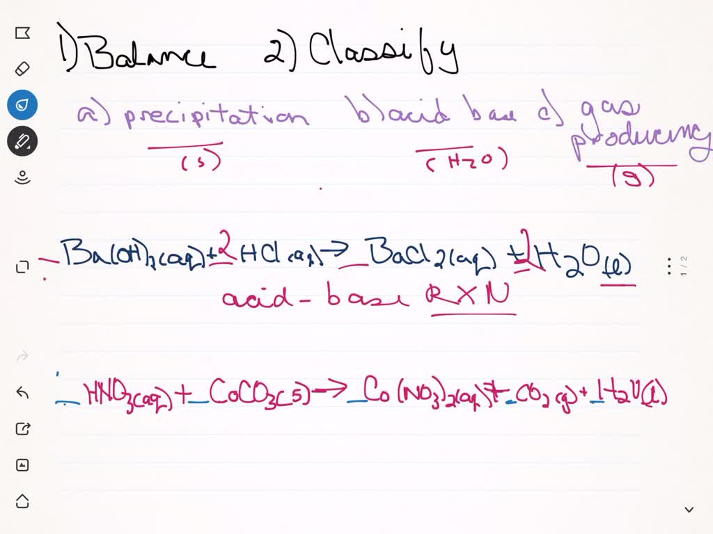 SOLVED:Balance the following equations, and then classify each as a precipitation, an acid-base ...