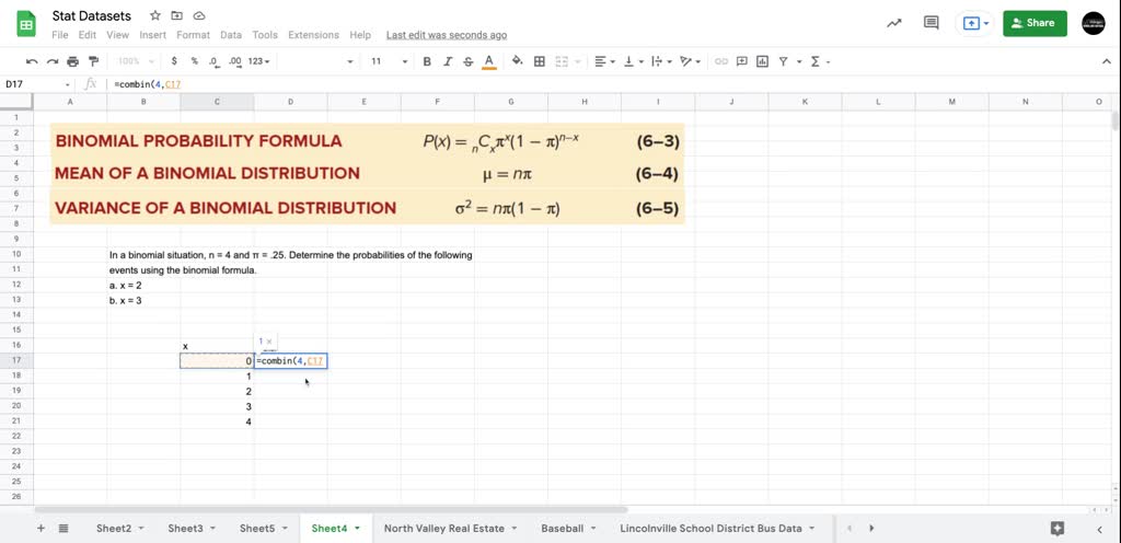 SOLVED:In a binomial situation, n=4 and \pi=.25 . Determine the ...