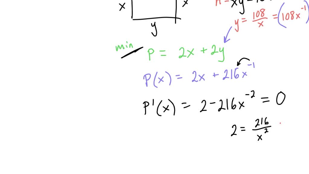 Find the dimensions of a rectangle with an area of 108 square feet that ...