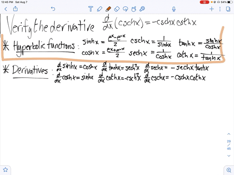 ⏩SOLVED:Verify the formula. (d)/(d x)(csch x)=-csch x coth x | Numerade