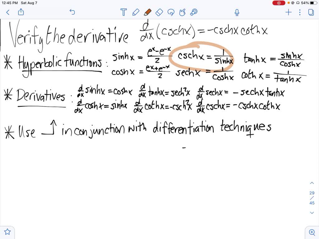 ⏩SOLVED:Verify the formula. (d)/(d x)(csch x)=-csch x coth x | Numerade