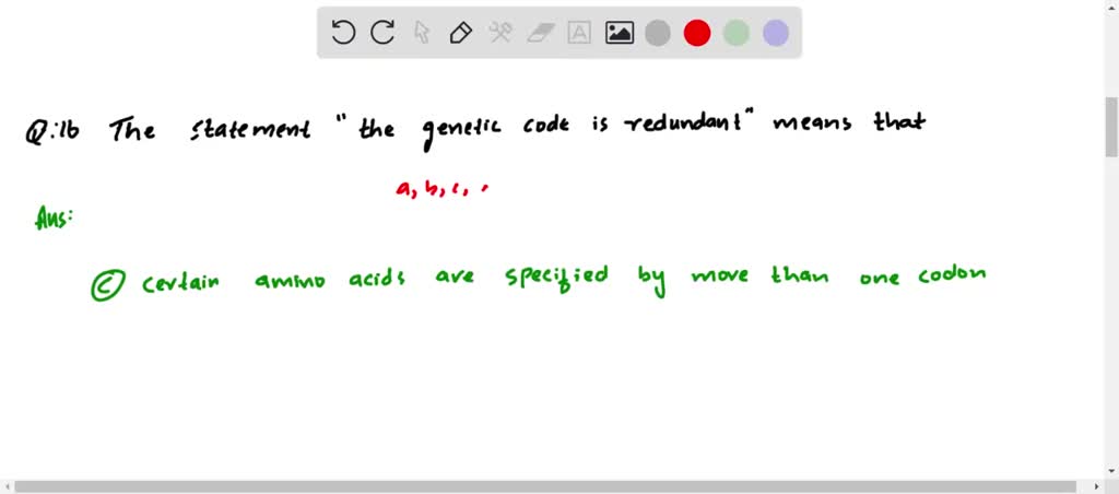 SOLVED:The statement “the genetic code is redundant” means that (a) some codons specify ...