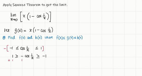 SOLVED:Use the Squeeze Theorem to find each limit. limx →0[x(1-cos(1)/(x))]