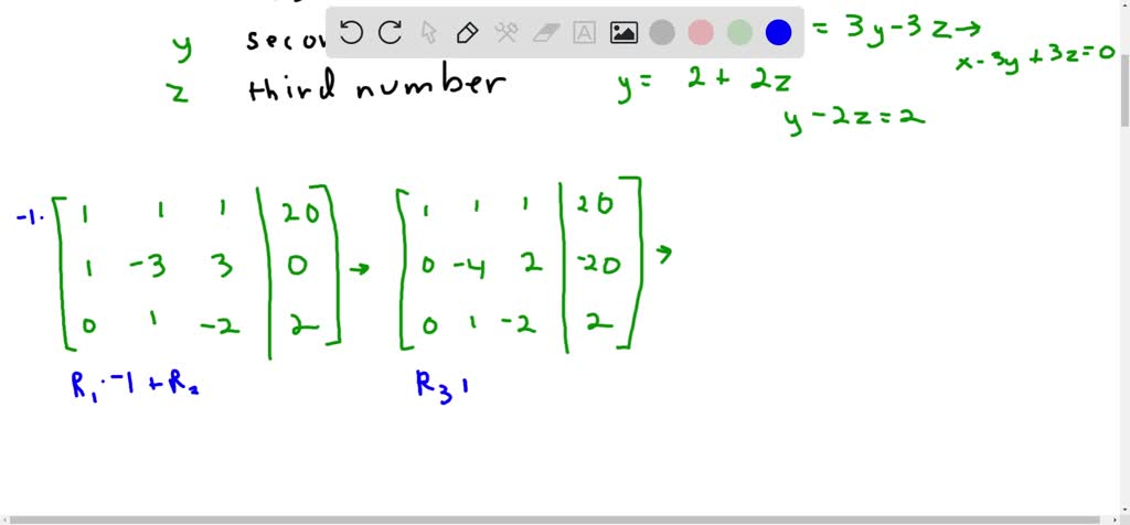 SOLVED:Solve each problem using the Gauss-Jordan method. Find three numbers whose sum is 20, if ...