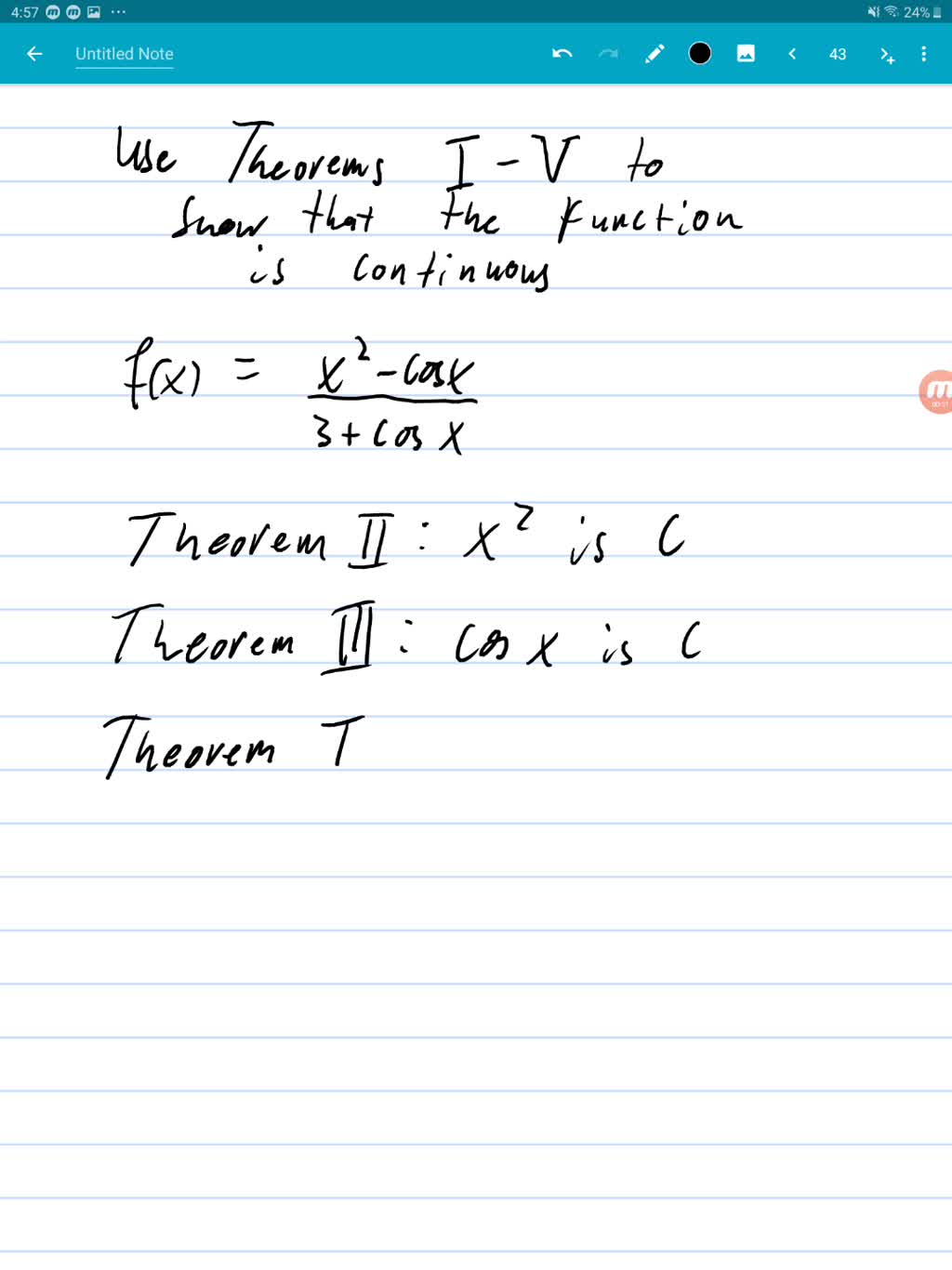 SOLVED:Use Theorems I-5 to show that the function is continuous. f(x ...