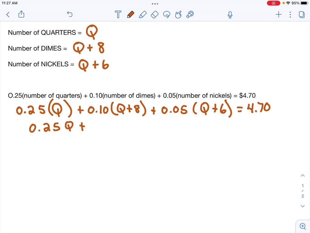 Solve each coin word problem. Vina has 4.70 in quarters, dimes and ...