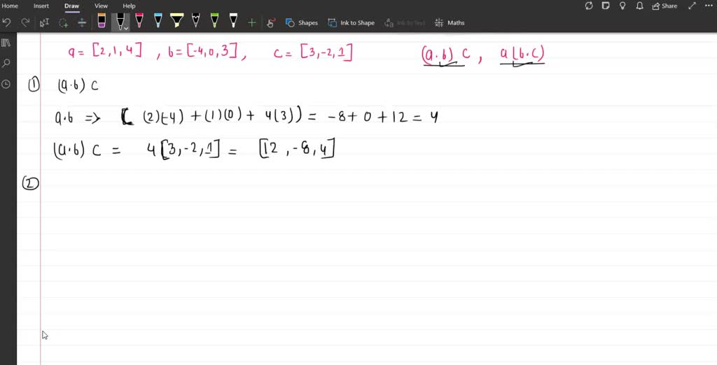 Find 𝐀 ·𝐁 and 𝐁 ·𝐂^T for 𝐀=[ 2 3 4 ] 𝐁=[ 5 6 -7 ] 𝐂=[7,-8,-9] | Numerade