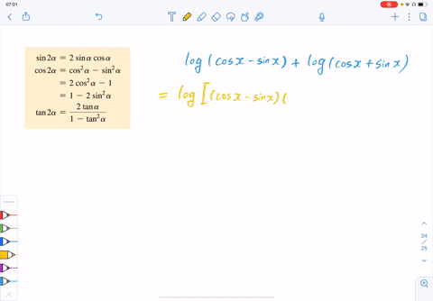 SOLVED:Solve the given problems. Simplify: log(cosx-sinx)+log(cosx+sinx).