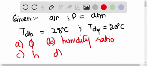 Atmospheric air at a pressure of 1 atm and dry-bulb temperature of 28^∘ C has a dew-point ...
