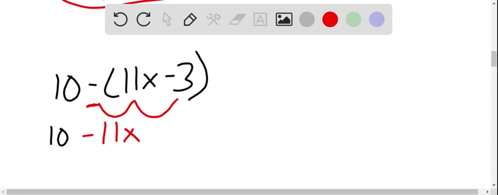 SOLVED:Simplify. 10-(11 x-3)