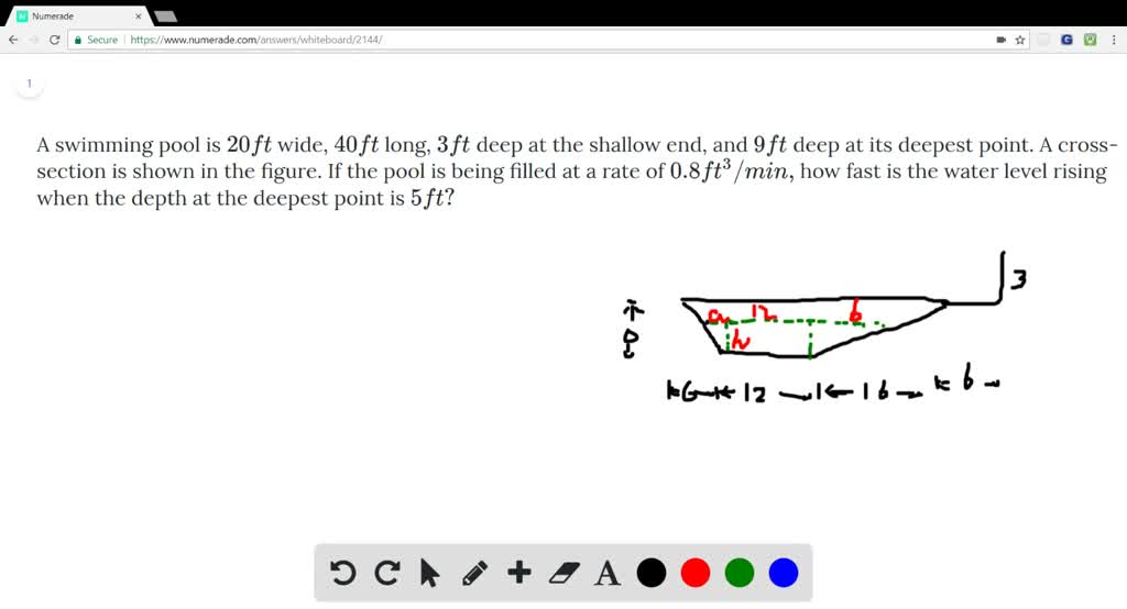 A swimming pool is 20 ft wide, 40 ft long, 3 ft deep at the shallow end ...