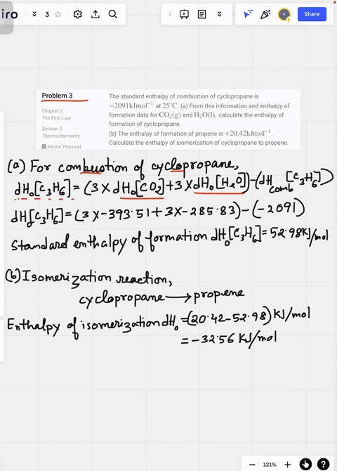 The standard enthalpy of combustion of cyclopropane is -2091 kJ mol^-1 at 25^∘ C. (a) From this ...